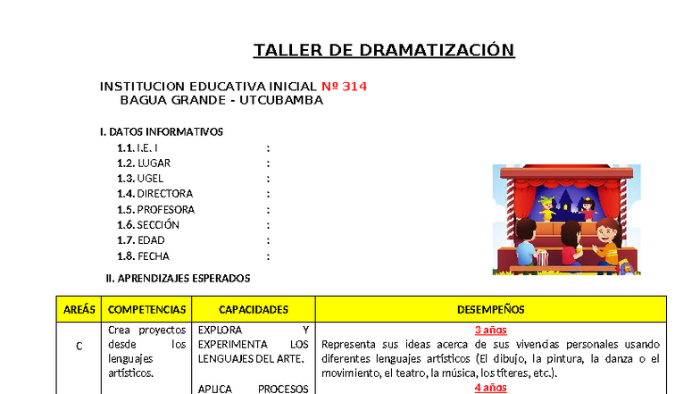 Taller de Dramatización - I.E. Inicial Nº 314 Bagua Grande - Studocu