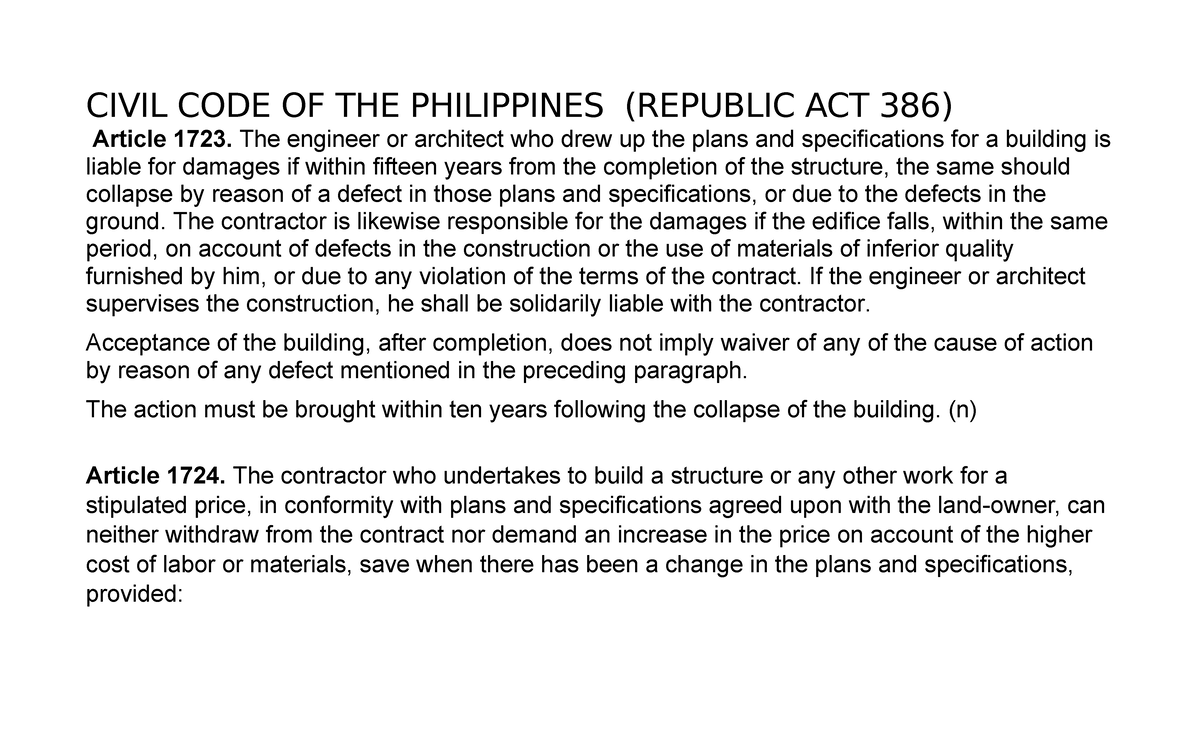 CIVIL CODE OF THE PHILIPPINES: Article 1723 & 1724 Summary - Studocu
