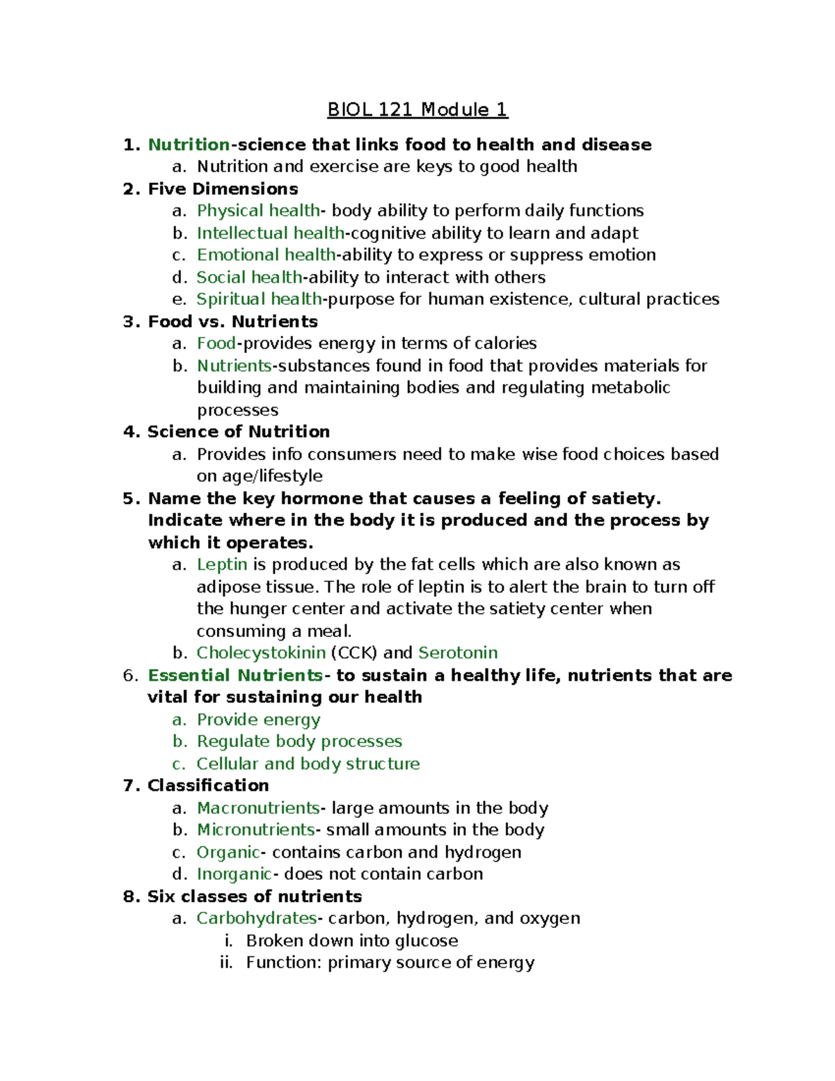 BIOL 121 Nutrition Module 1 Study Guide: Food, Health, and Nutrients ...