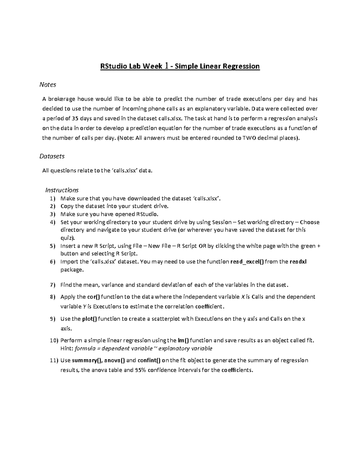 RStudio Lab Week 5s1: Simple Linear Regression Analysis Notes - Studocu