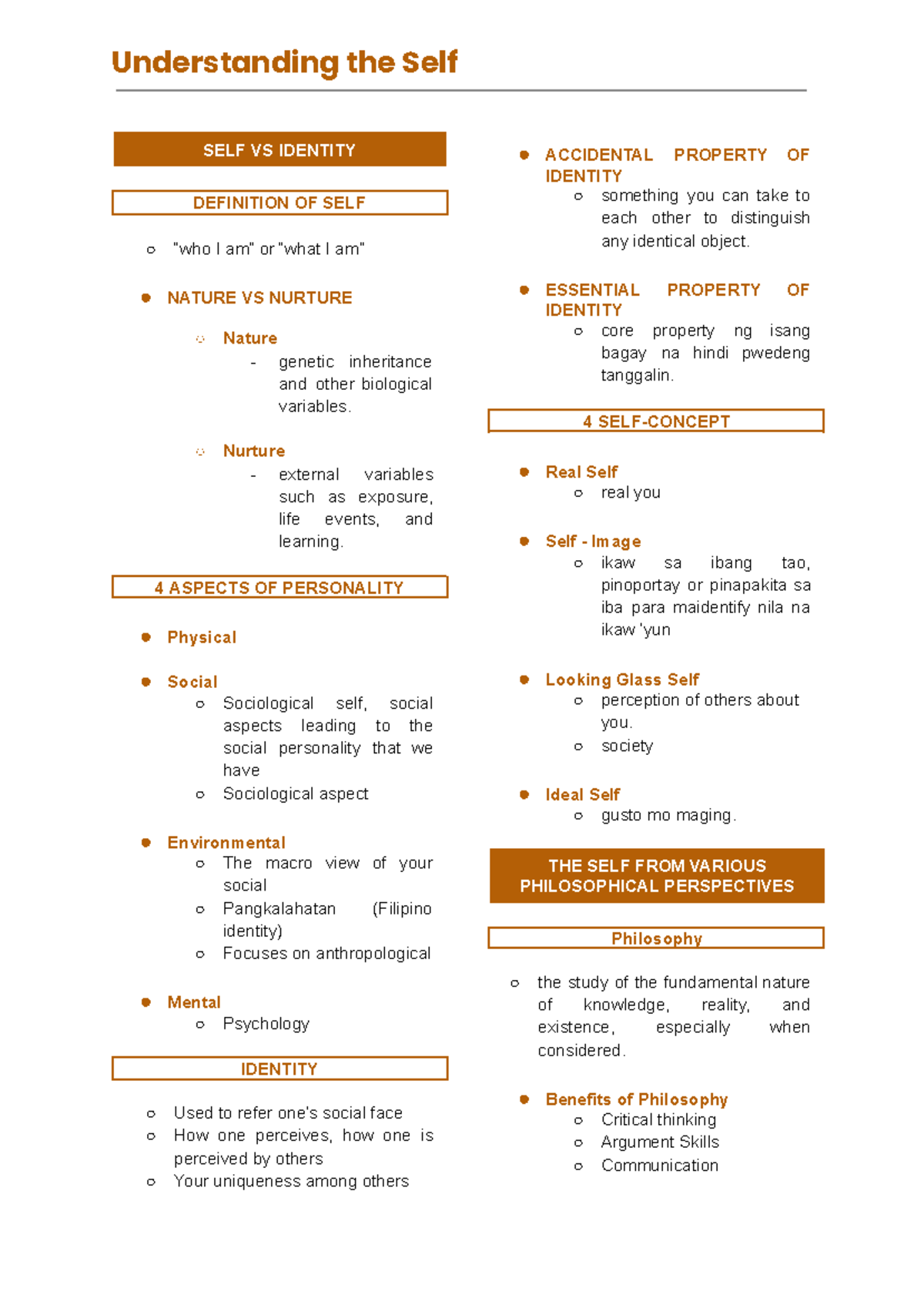 Understanding the Self - SELF VS IDENTITY DEFINITION OF SELF “who I am ...
