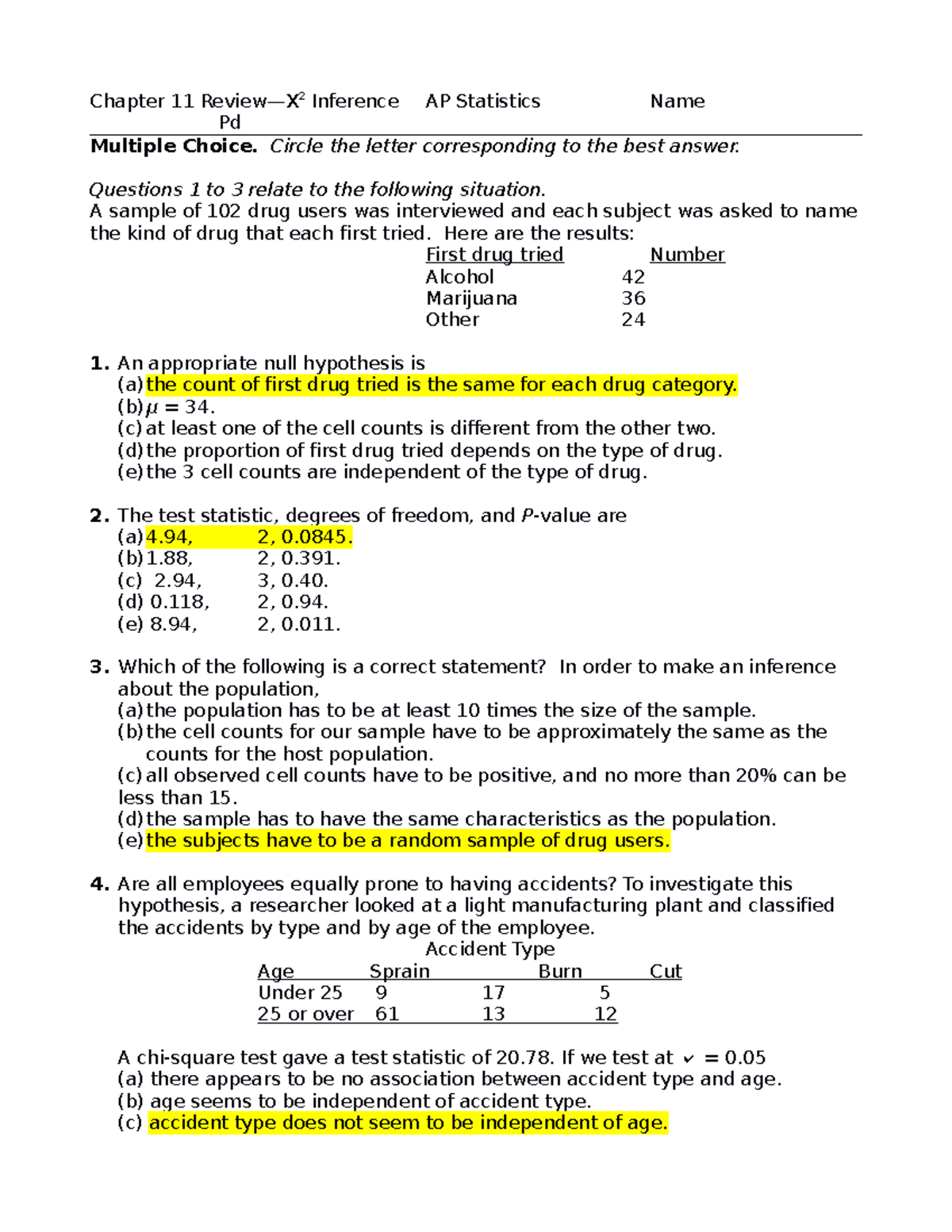 AP Statistics Chapter 11 Review: Chi-Square Inference Practice - Studocu