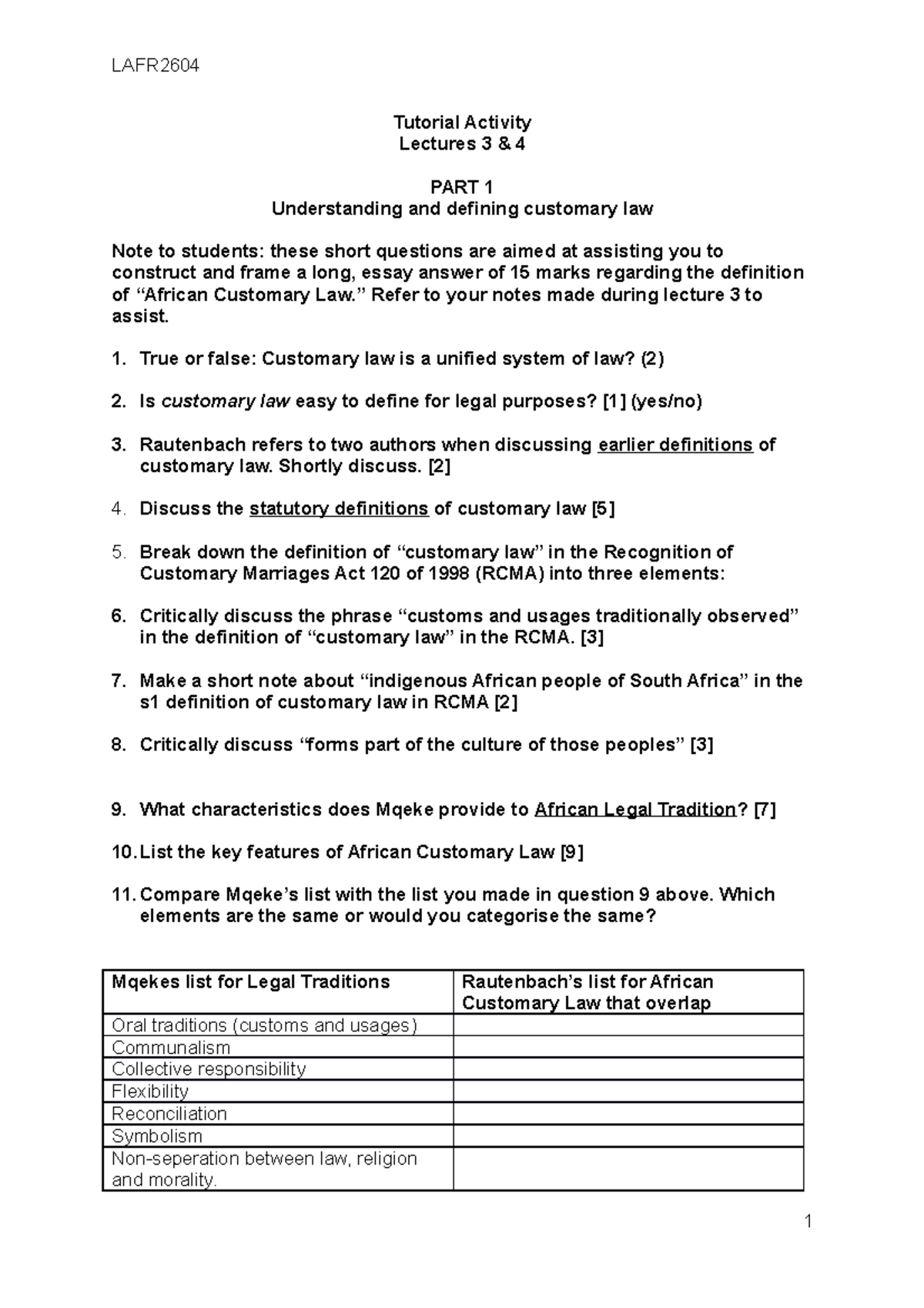 LAFR Tutorial Activity - Customary Law Concepts from Lectures 3 & 4 ...