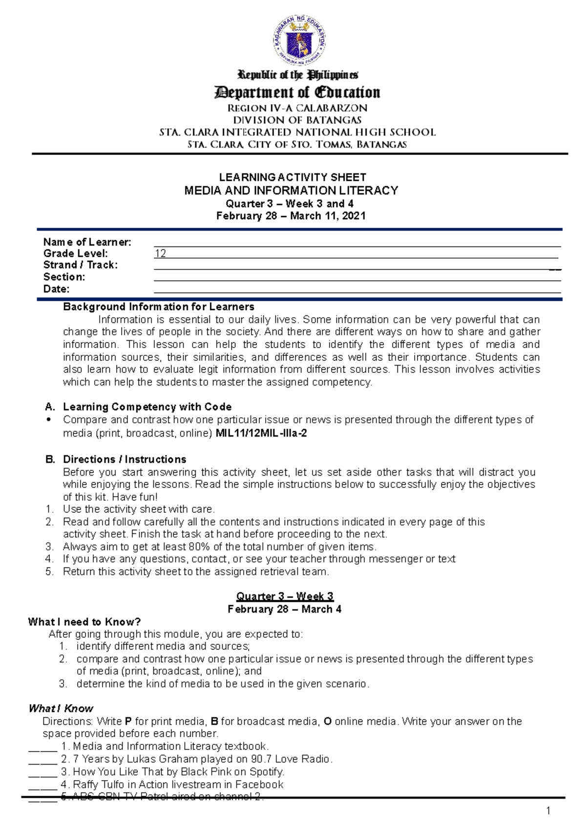 MIL Week 3-4 Q3-120-copies - LEARNING ACTIVITY SHEET MEDIA AND ...
