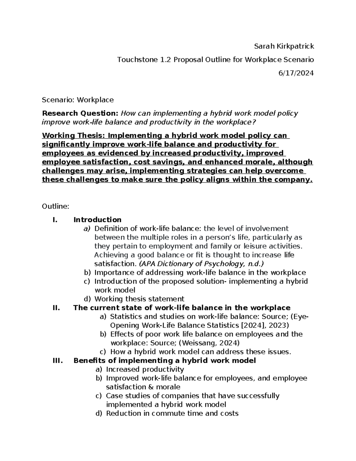 Proposal Outline for Persuasive Essay: Implementing Hybrid Work Model - Studocu