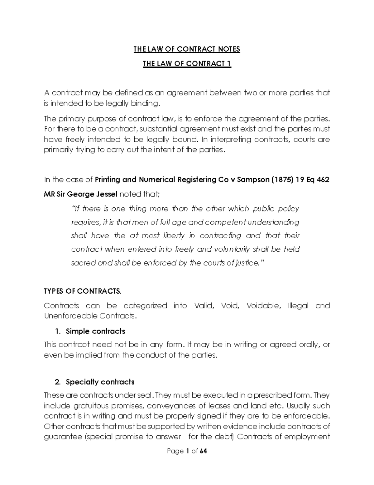 LAW OF CONTRACT NOTES (LAC 101) - Key Concepts and Types - Studocu