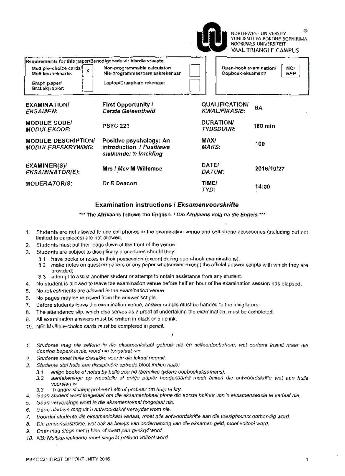 PSYC 221 FINAL EXAMINATION IN POSITIVE PSYCHOLOGY - 2016 - Studocu