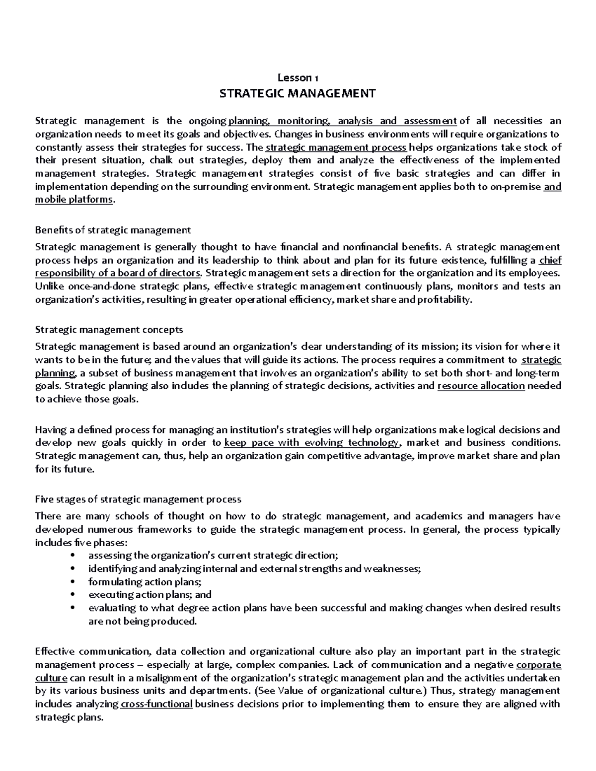 Strategic Management Concepts and Processes - Lesson Notes (SM101 ...