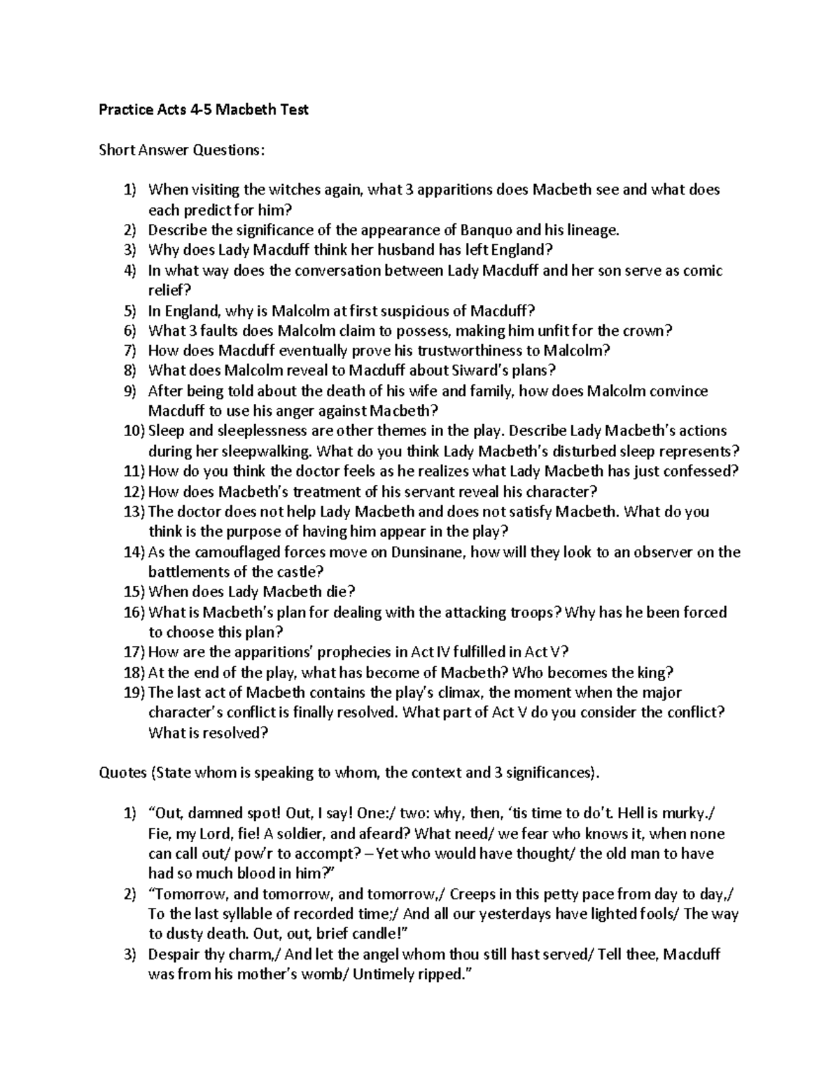 Macbeth Acts 4-5 Comprehensive Test Questions and Analysis - Studocu