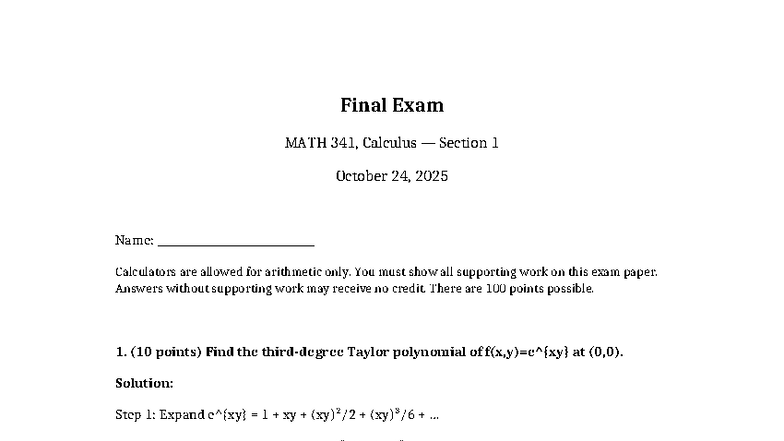 Final Exam Solutions for MATH 341, Calculus Section 1 - Studocu