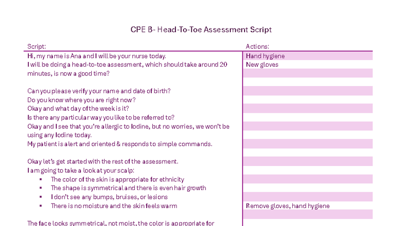 CPE B Assessment Script: Patient Evaluation and Findings - Studocu