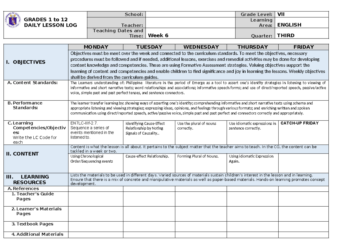 Weekly Lesson Plan for Grade VII English - Week 6 Quarter 3 - Studocu