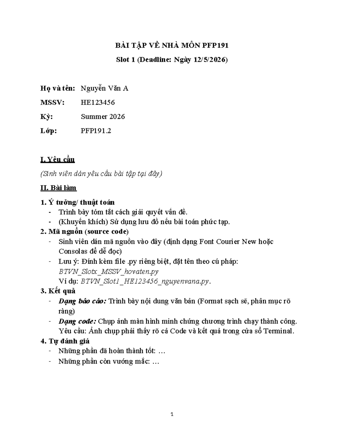 BÀI TẬP VỀ NHÀ MÔN PFP191 - Slot 1 (Summer 2026) - Studocu