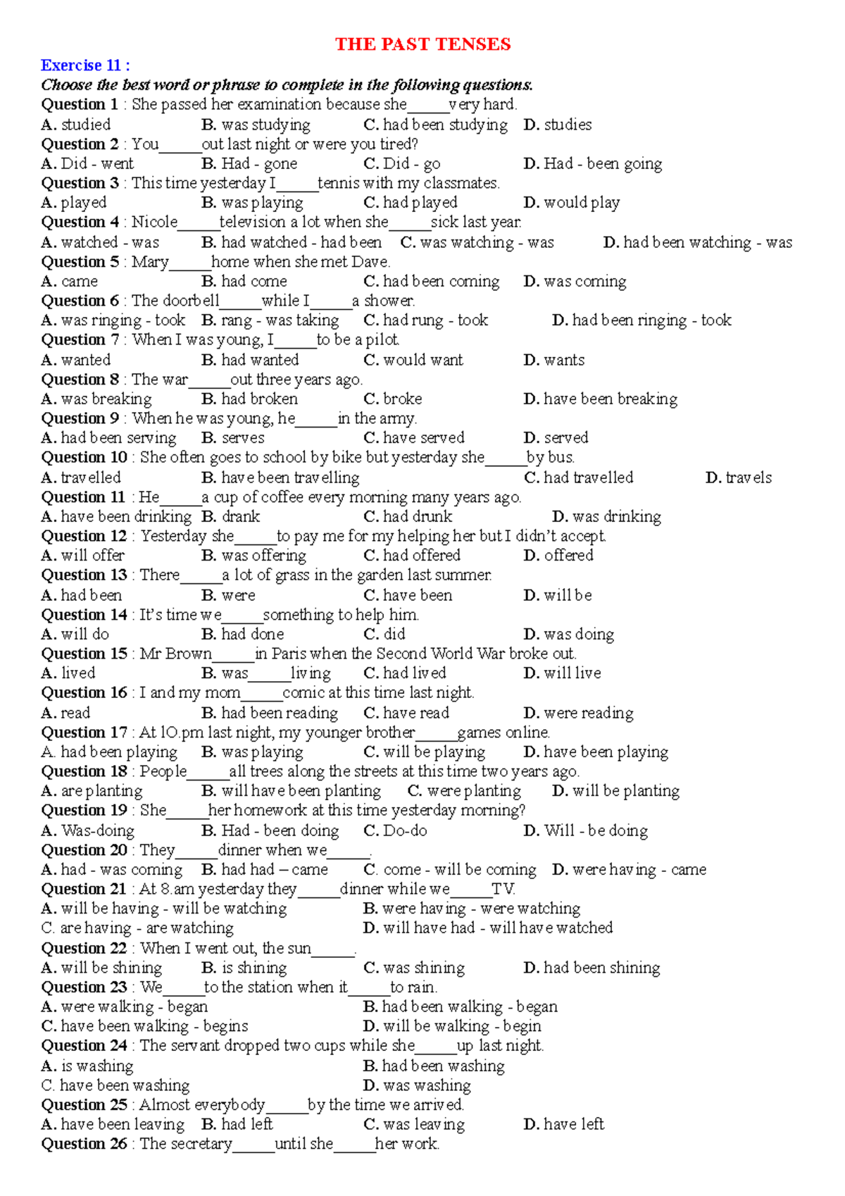 THE PAST TENSES - Exercises for Practice and Understanding - Studocu