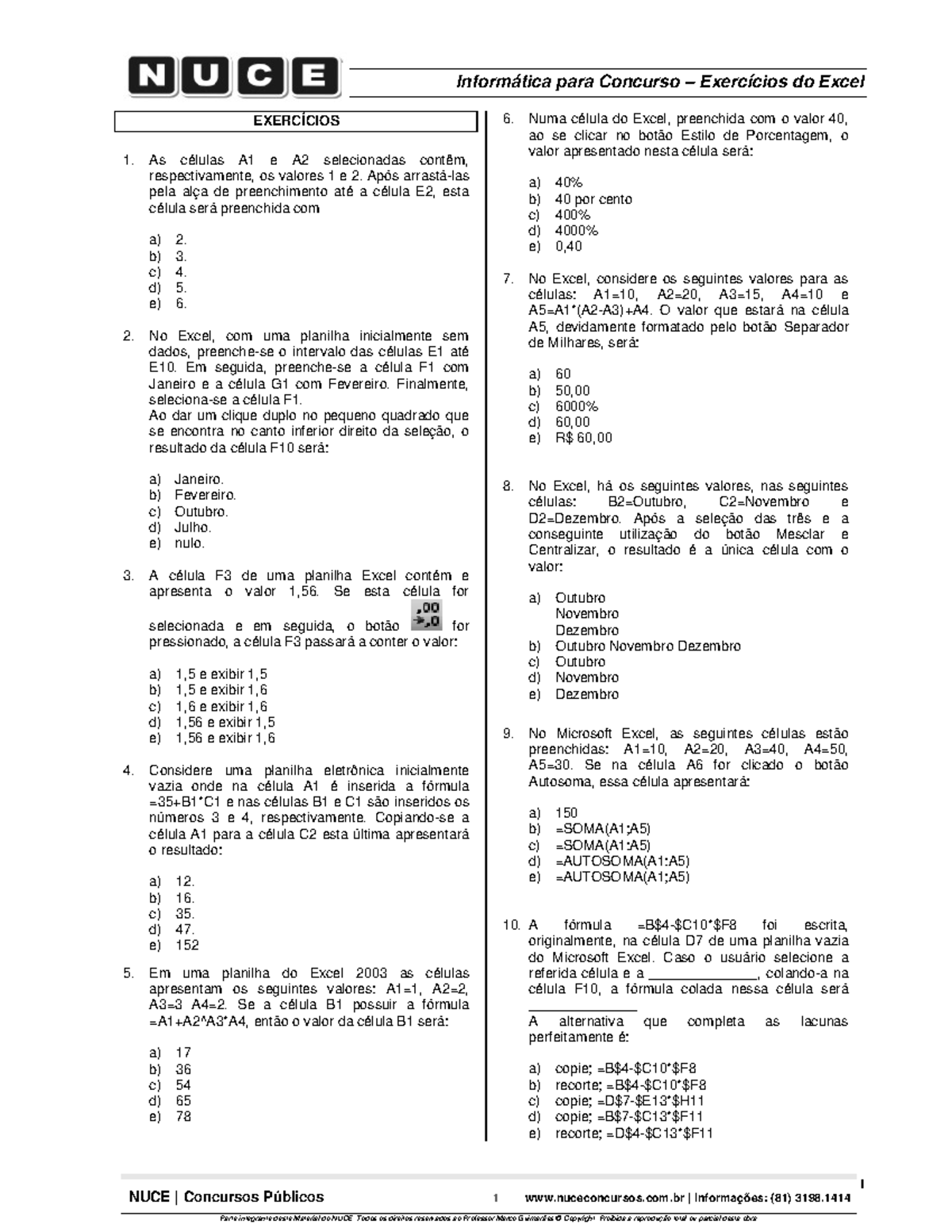 Exercícios e Gabarito do Simulado Excel 3 - NUCE - Studocu