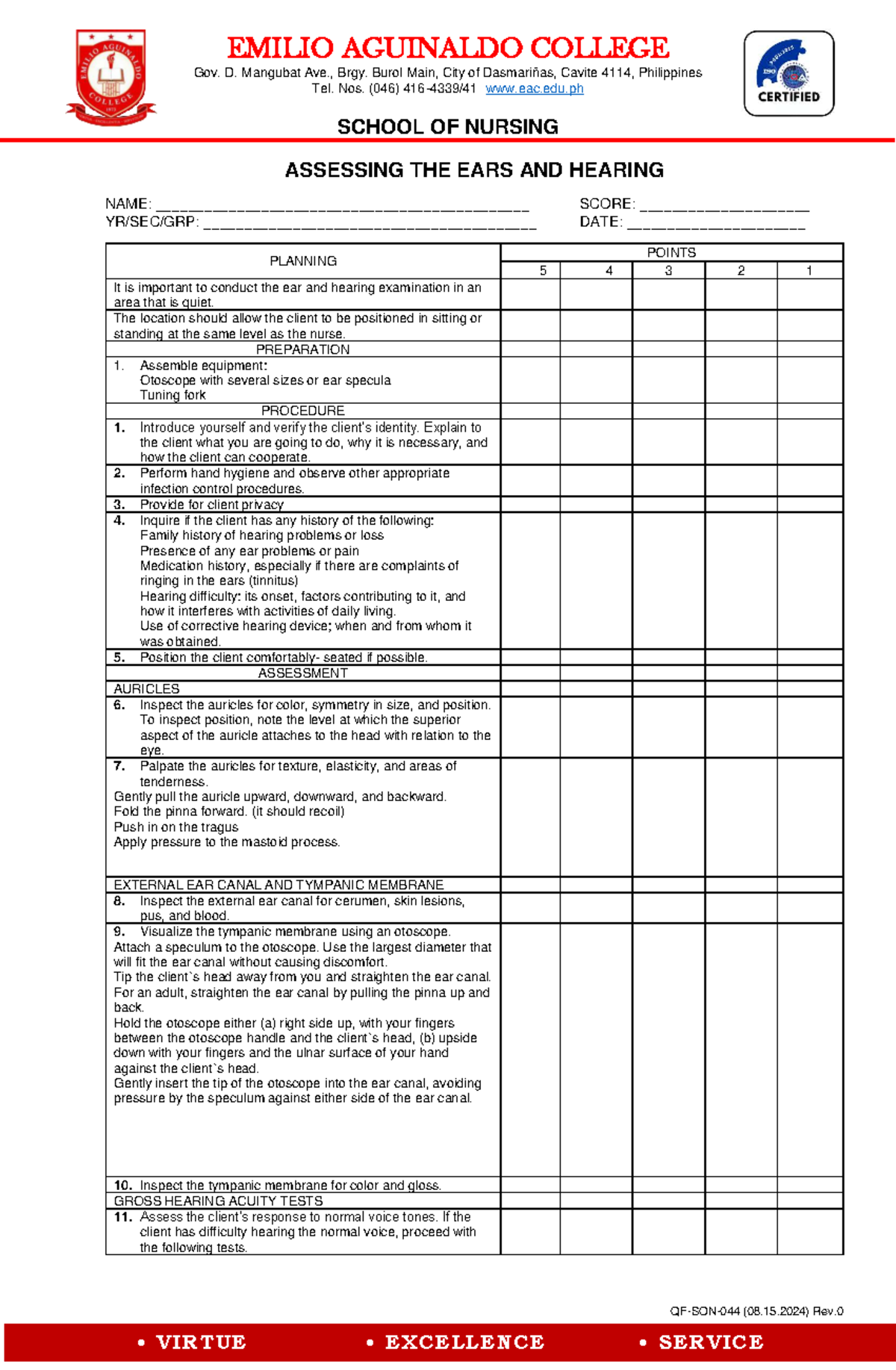 NURS 101: Assessing Ears and Hearing Examination Guide - Studocu