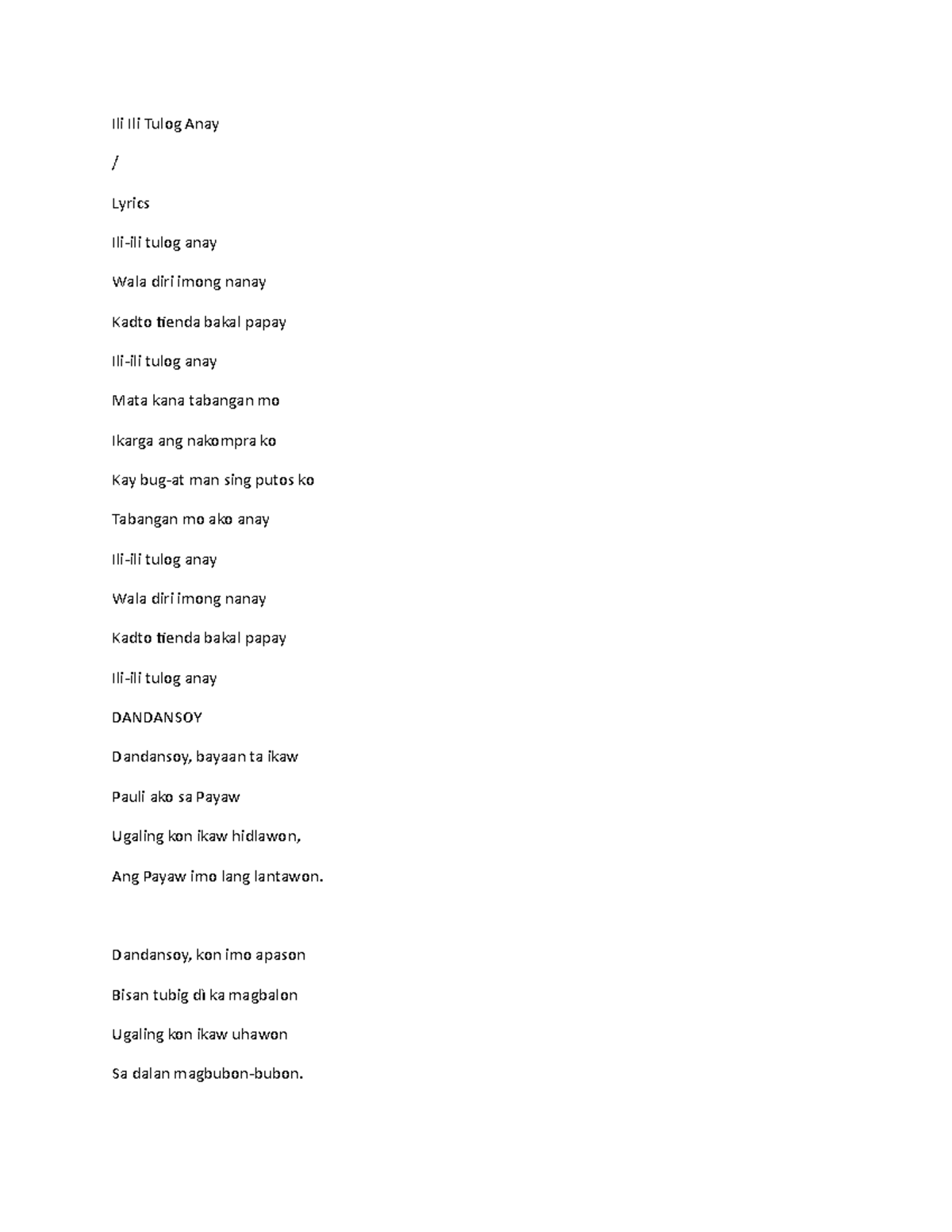 Ili Ili Tulog Anay & Dandansoy - Lyrics Collection - Studocu