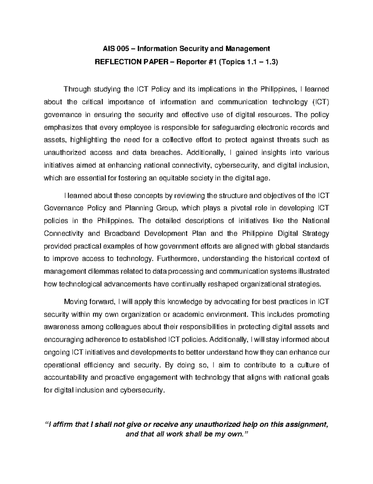 Reflection Paper: Insights from AIS 005 - Info Security & Management ...