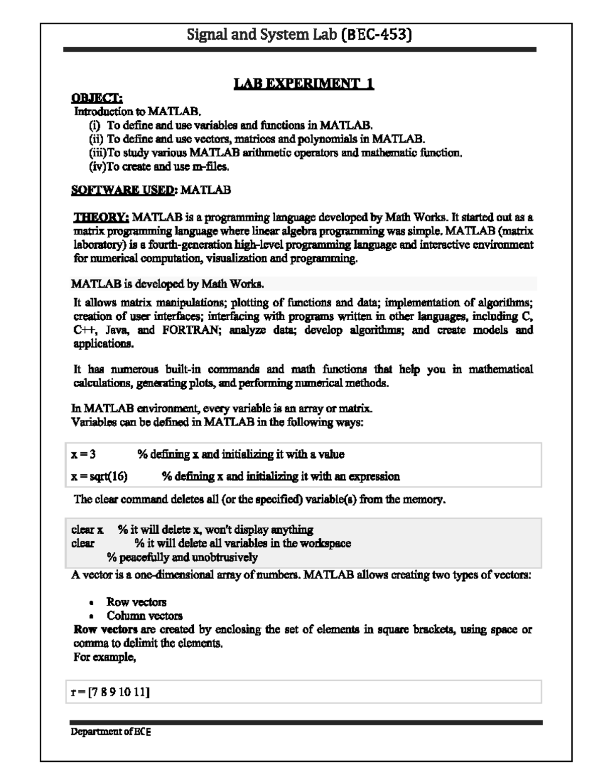 ECE Signal and System Lab: Experiment 1 - Introduction to MATLAB - Studocu