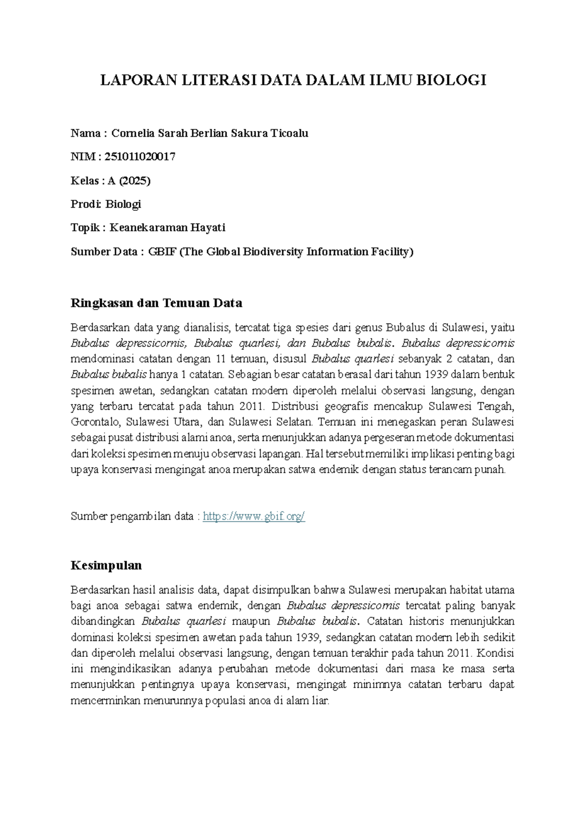 LAPORAN LITERASI DATA BIOLOGI: KEANEKARAN HAYATI DI SULAWESI - Studocu