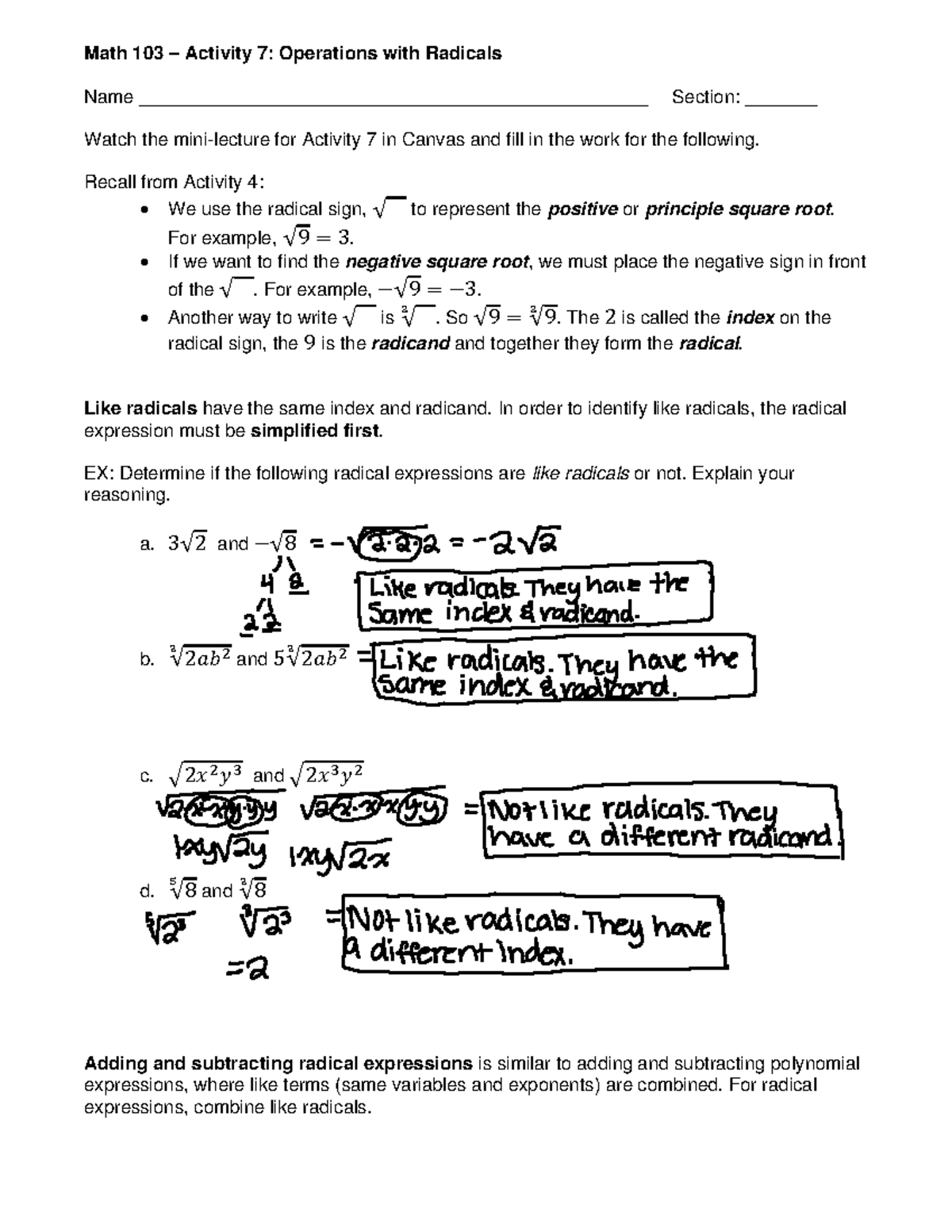 Math 103: Activity 7 - Operations with Radicals and Expressions - Math ...