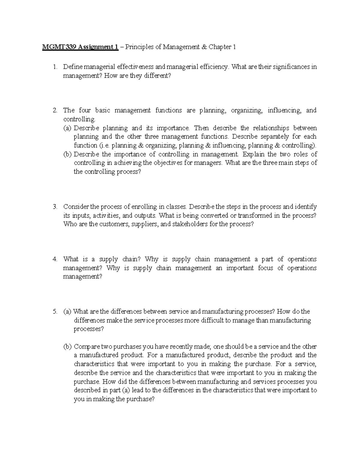 MGMT339 Assignment 1: Principles of Management Exam 1 Practice - Studocu