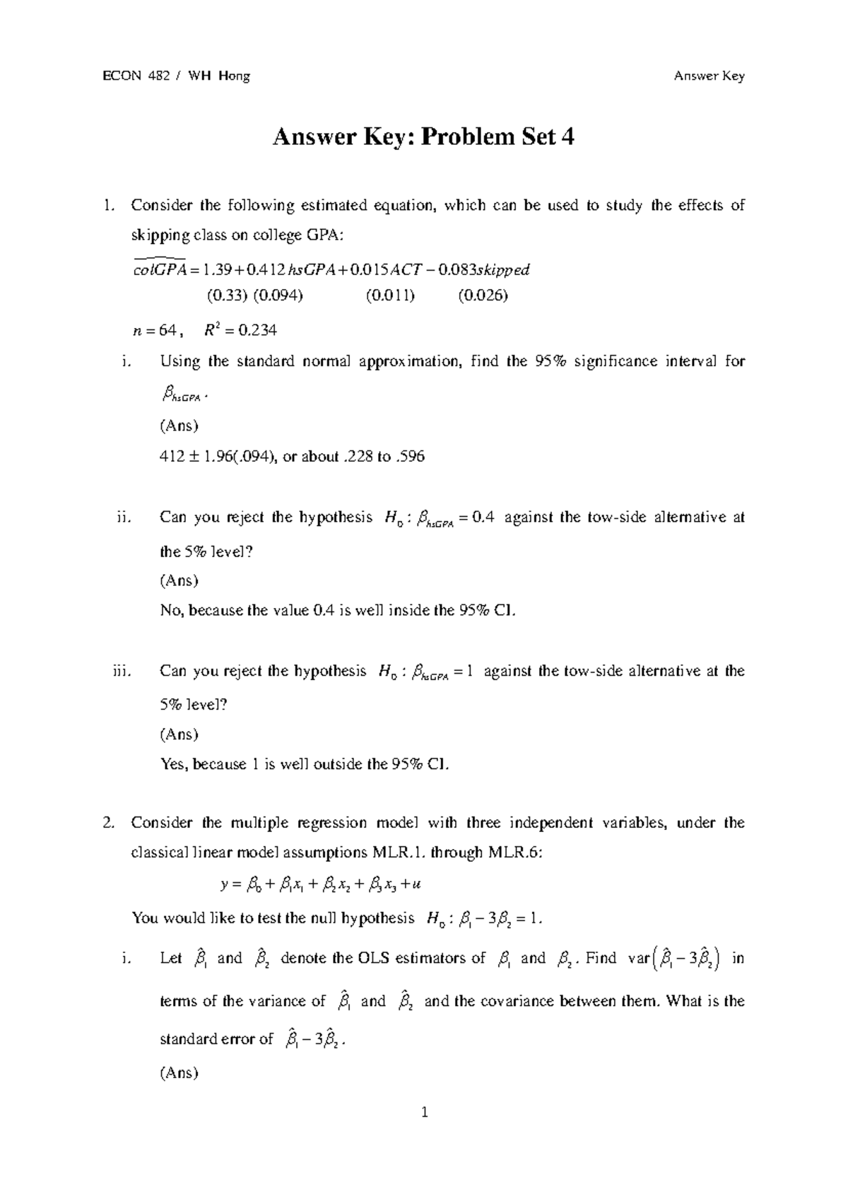 Ps 4 answer key - Tutorials - ECON 482 WH Hong Answer Key Answer Key ...
