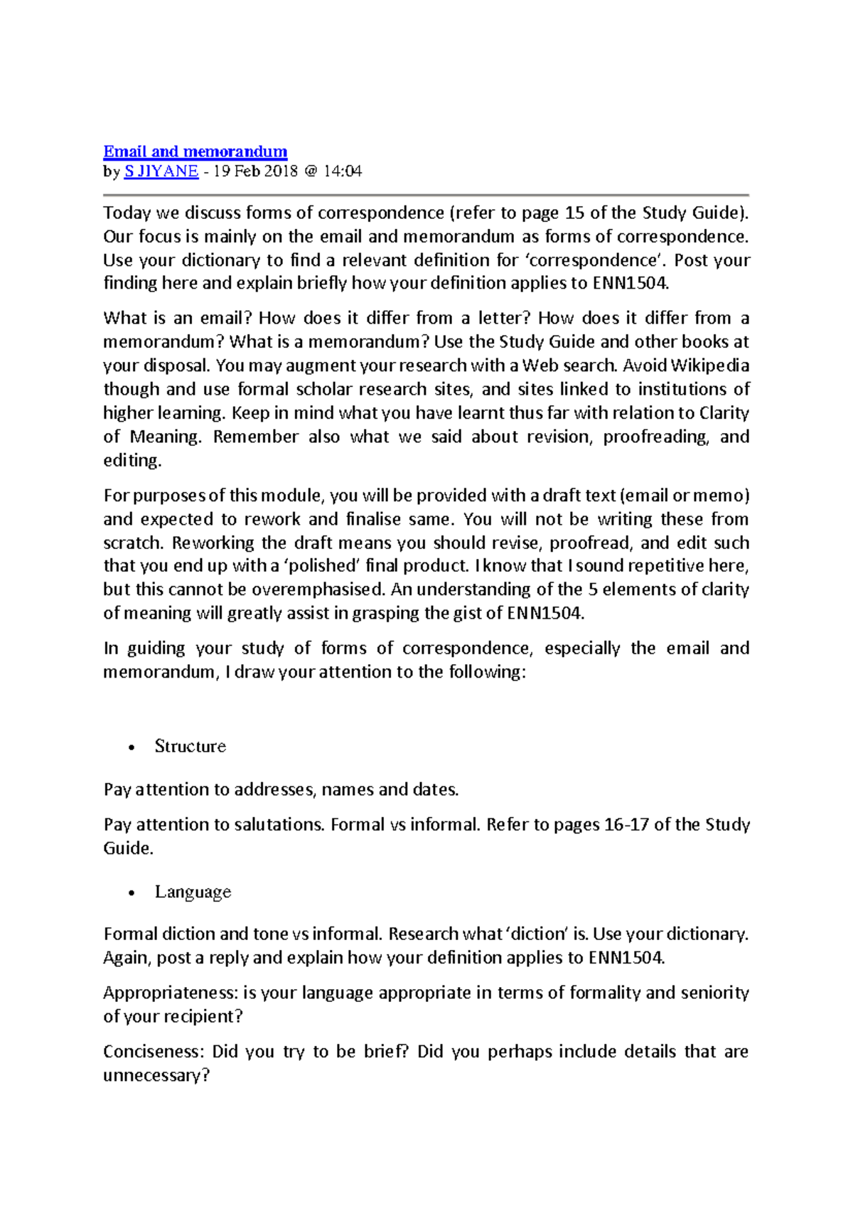 ENN1504: Understanding Emails and Memorandums in Correspondence - Studocu