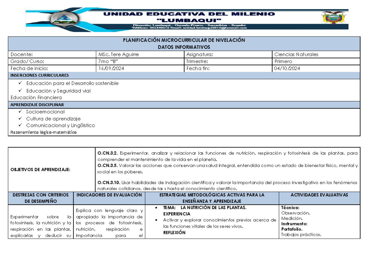 Nivelación CCNN 7mo B: Planificación Microcurricular - Studocu