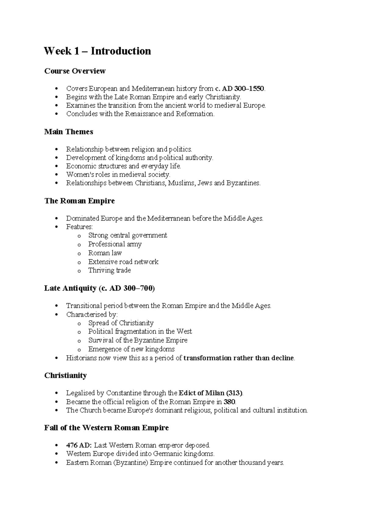 HIST 101: Week 1 Intro to European & Mediterranean History Notes - Studocu