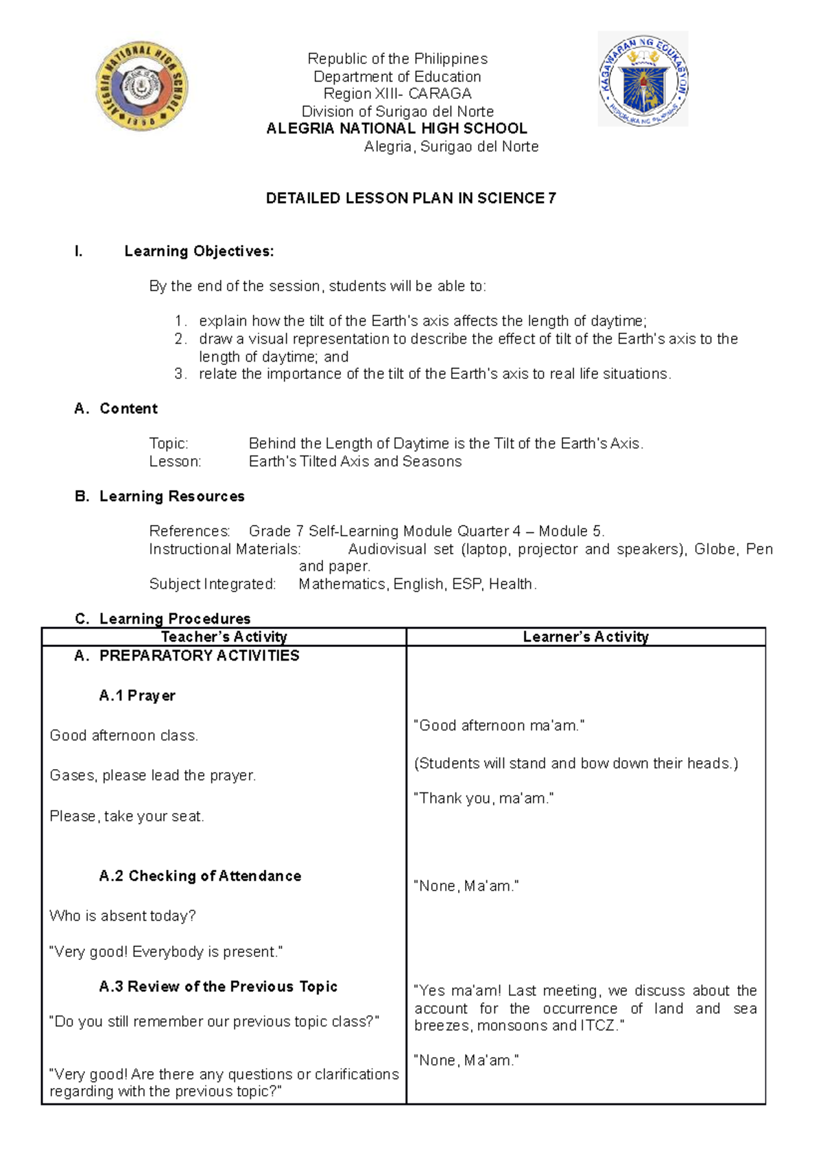 Tilt of the earths axis - Republic of the Philippines Department of ...