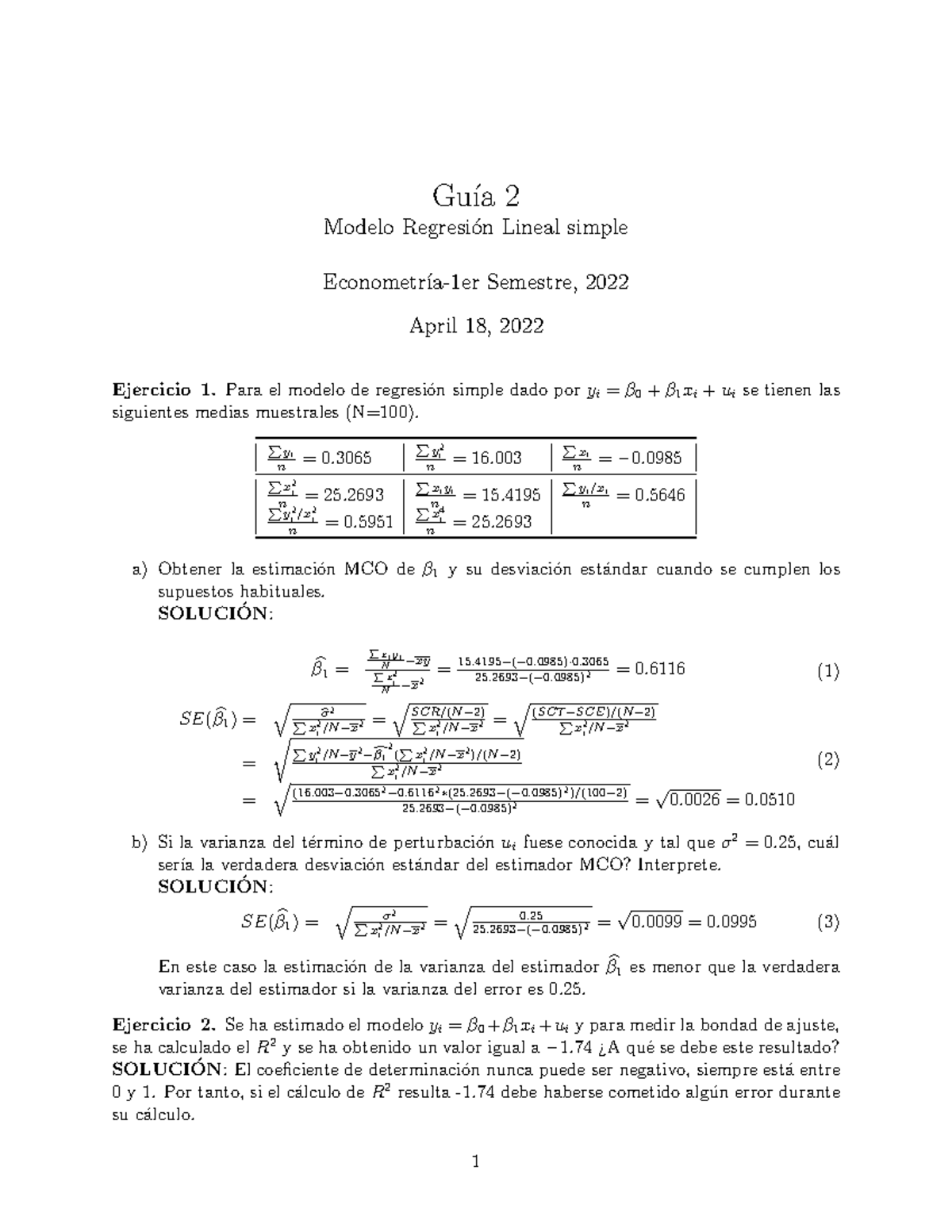 Guia 2-Regresion Lineal Simple- Solucion - Gu ́ıa 2 Modelo Regresi ́on Lineal simple Econometr ...