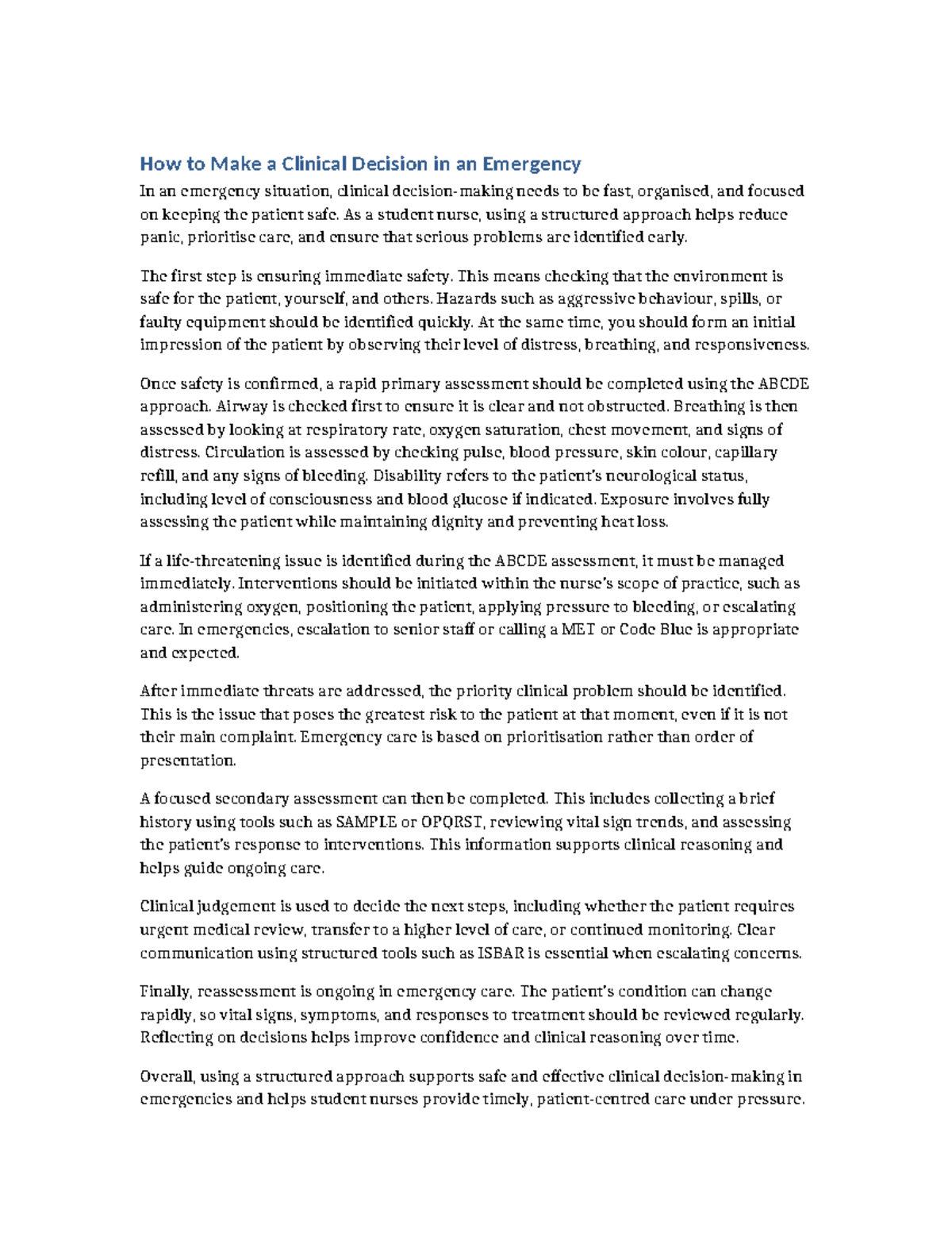 Clinical Decision Making in Emergencies: A Guide for Student Nurses ...