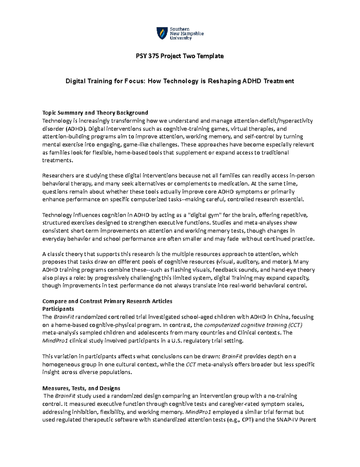 PSY 375 Project Two: Digital Training Innovations in ADHD Treatment ...