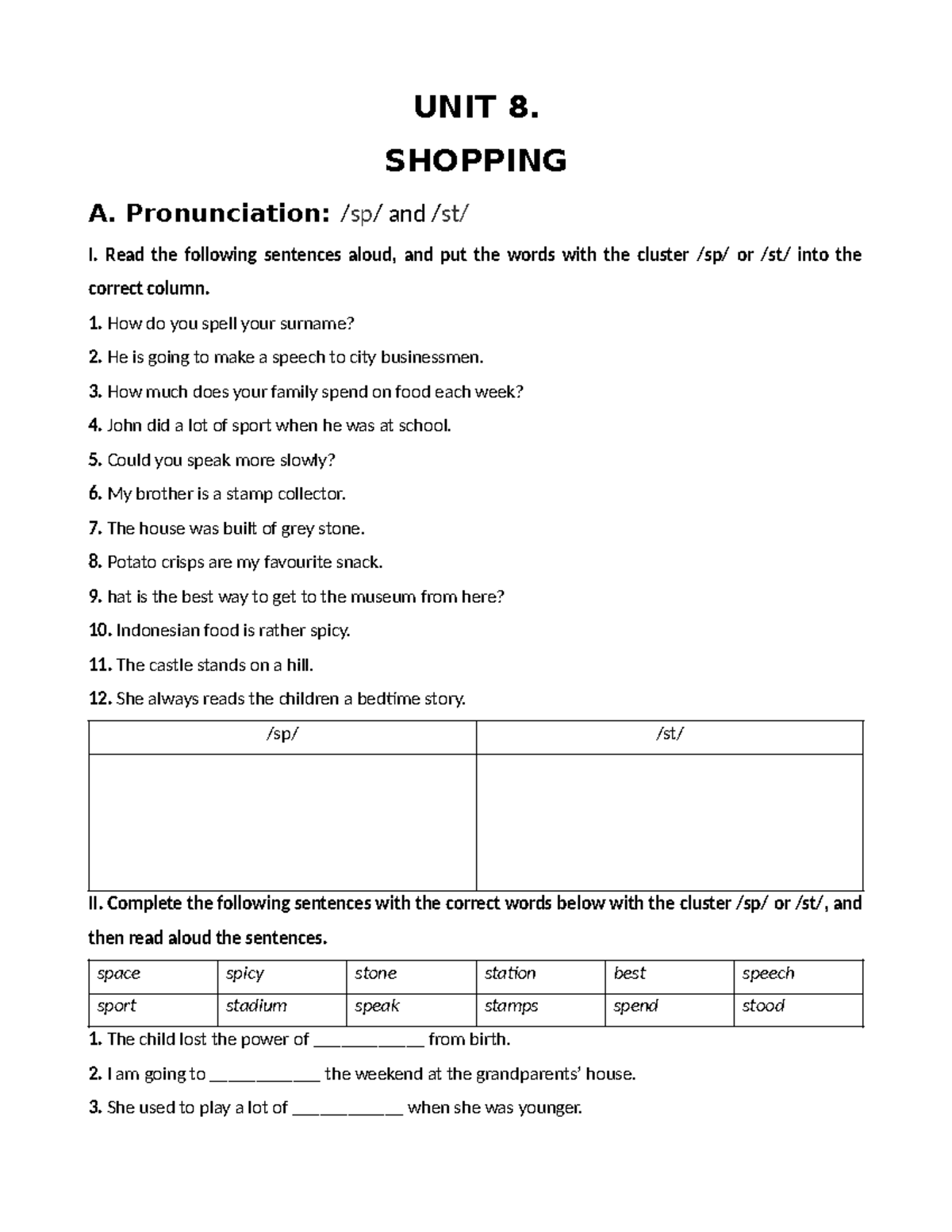 Bài tập Anh 8 Global: UNIT 8 - Shopping Exercises and Vocabulary - Studocu