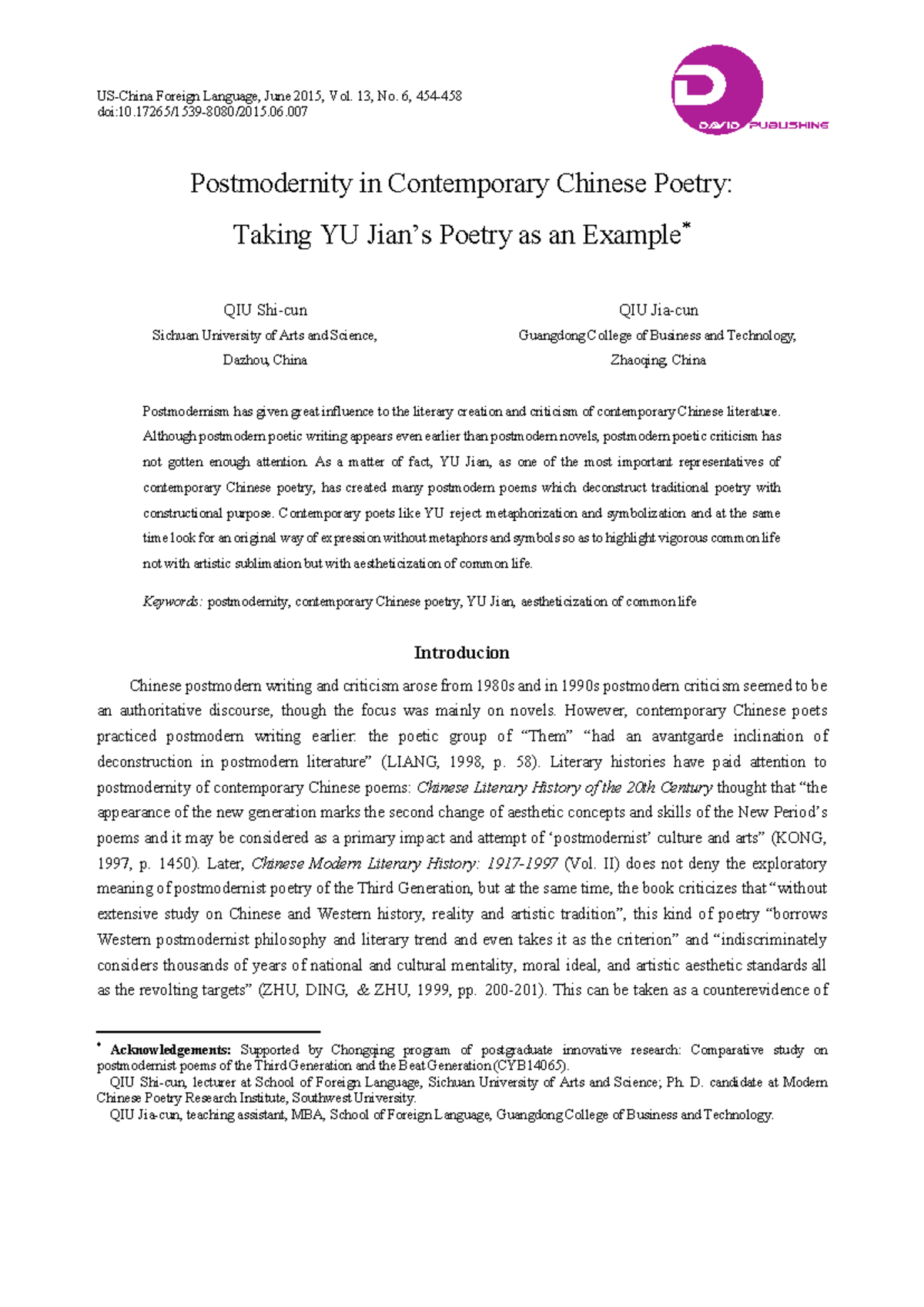 Postmodernity in Contemporary Chinese Poetry: Insights on YU Jian - Studocu