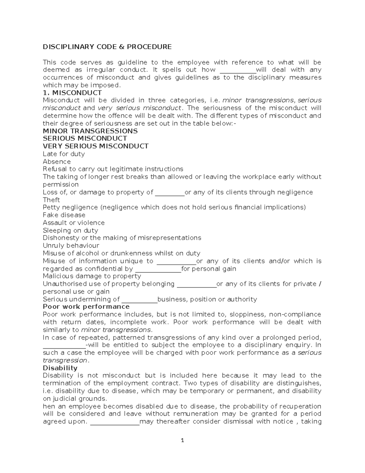 Disciplinary Code Procedure: Guidelines for Employee Conduct - Studocu