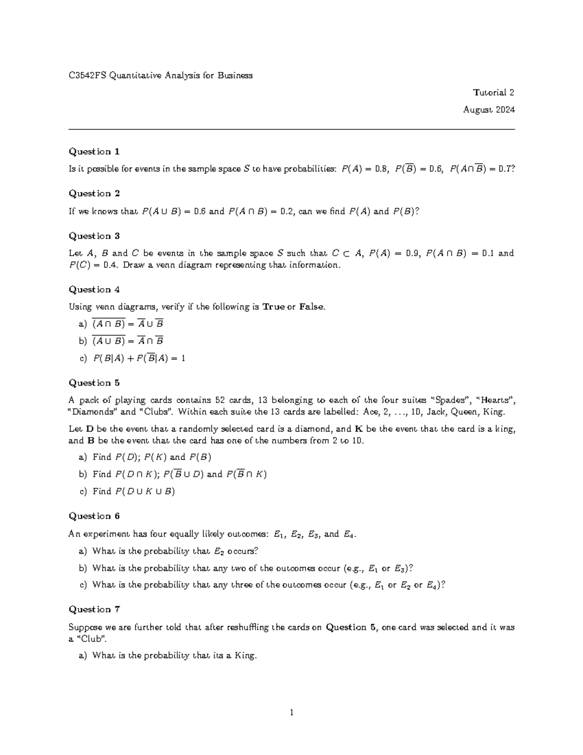 C3542FS Tutorial 2 - C3542FS Quantitative Analysis for Business Tutorial 2 August 2024 Question ...
