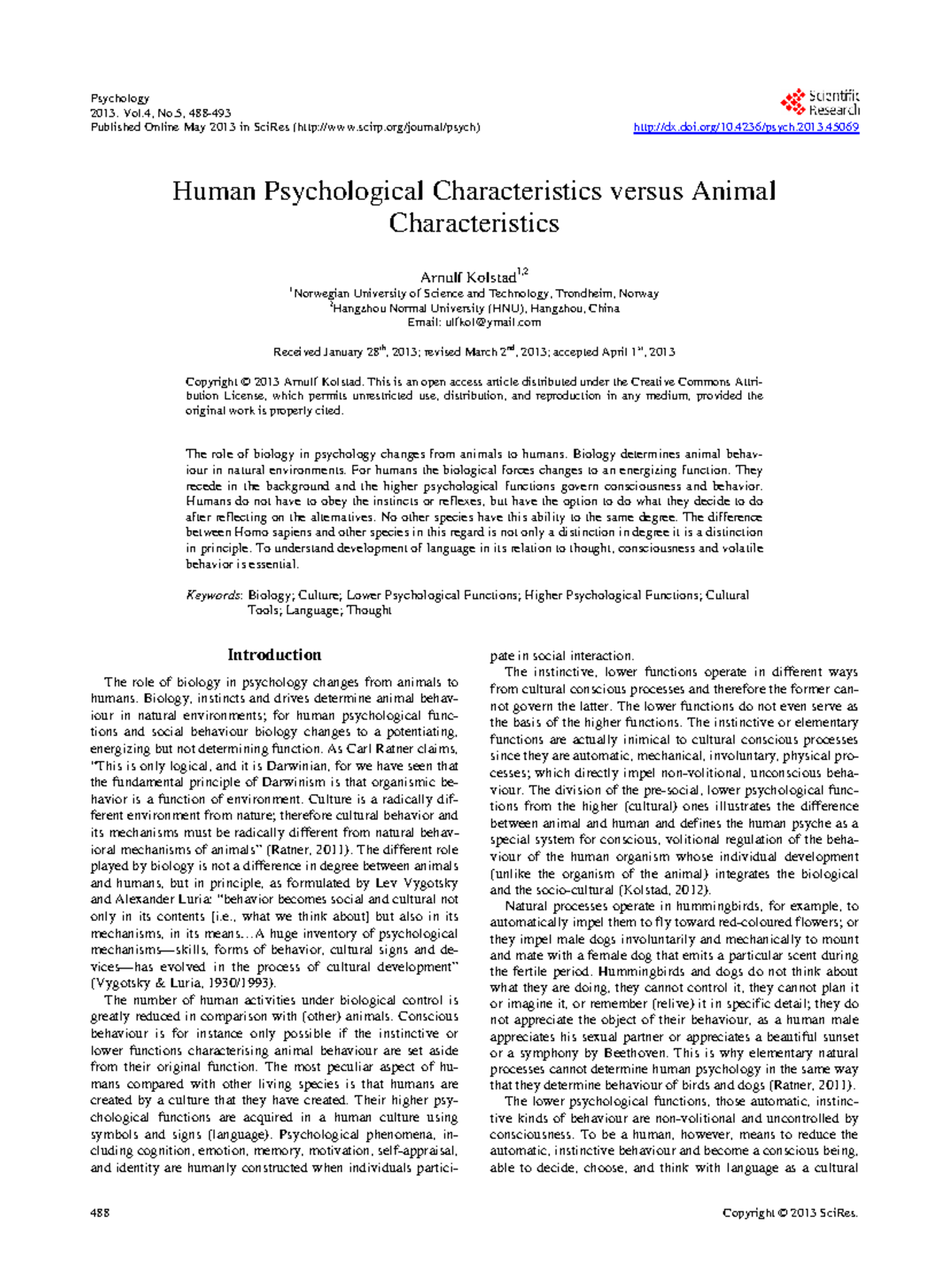 Psychology 2013: Human vs. Animal Psychological Characteristics - Studocu