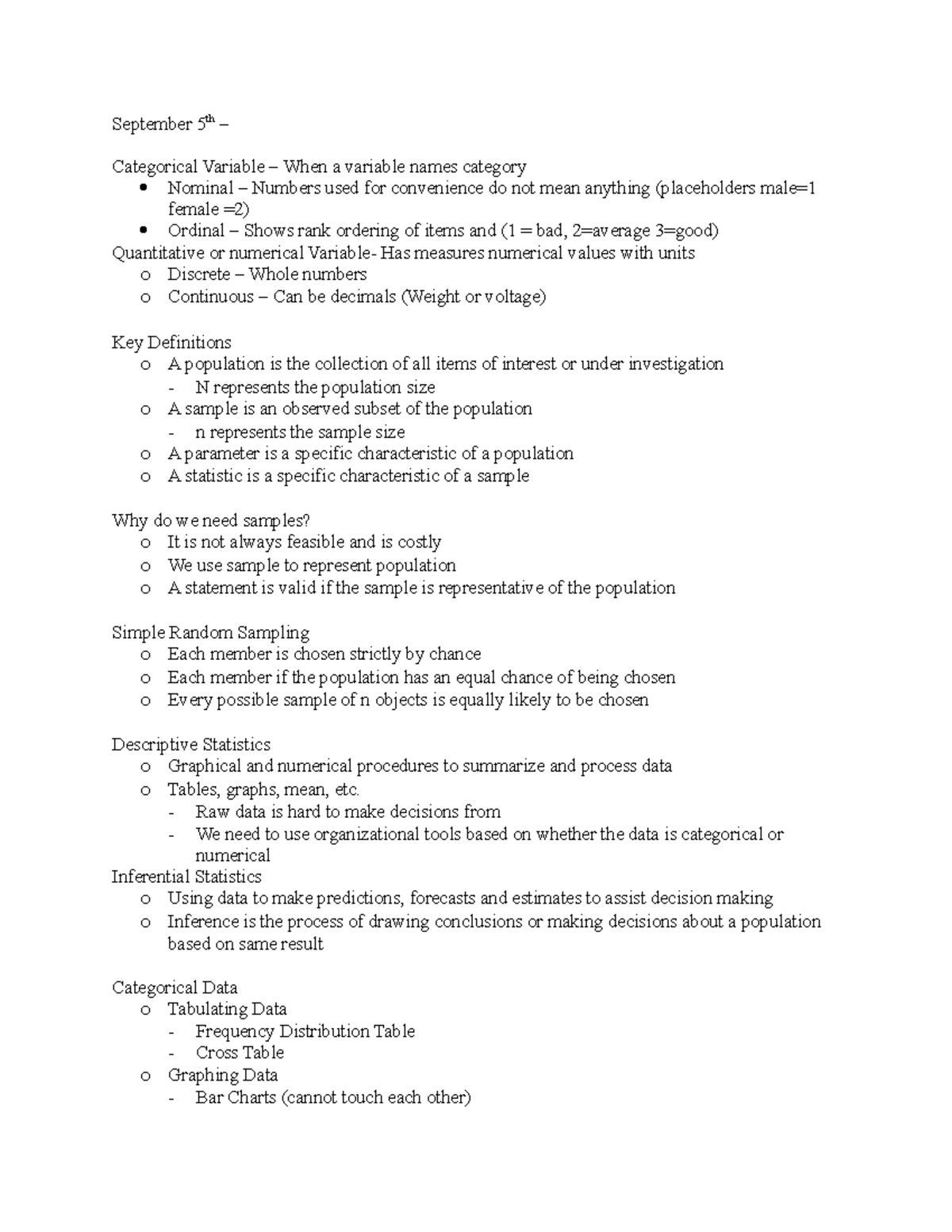 2222A Lecture Notes: Categorical Variables & Statistics Concepts - Studocu