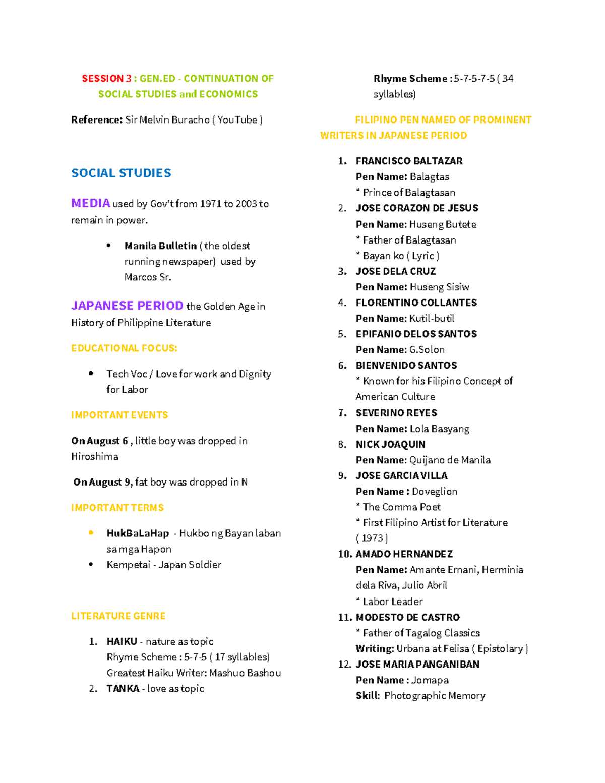 Gen Ed Soc Sci & Econ - Session 3 Review Notes - Studocu