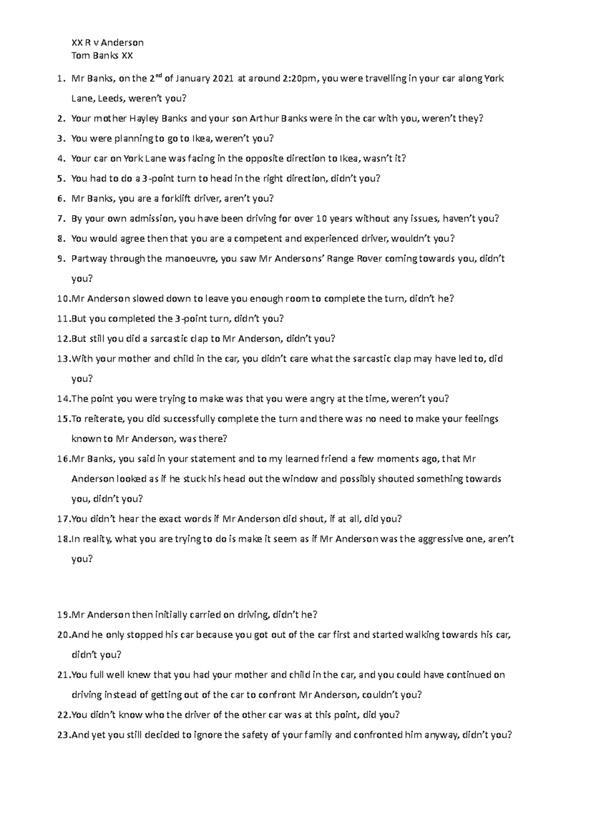 R v Anderson XX: Testimony Breakdown of Mr. Banks' Incident - Studocu
