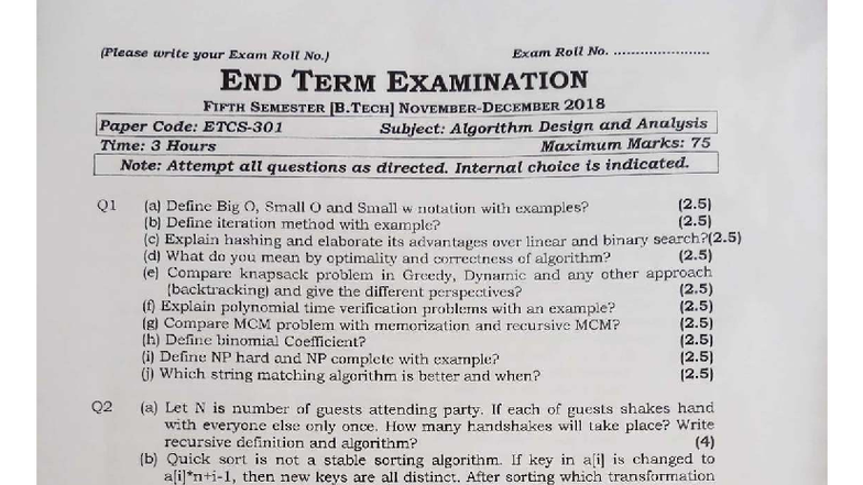 ADA 5th Sem End Term Exam Papers - Algorithm Design and Analysis - Studocu