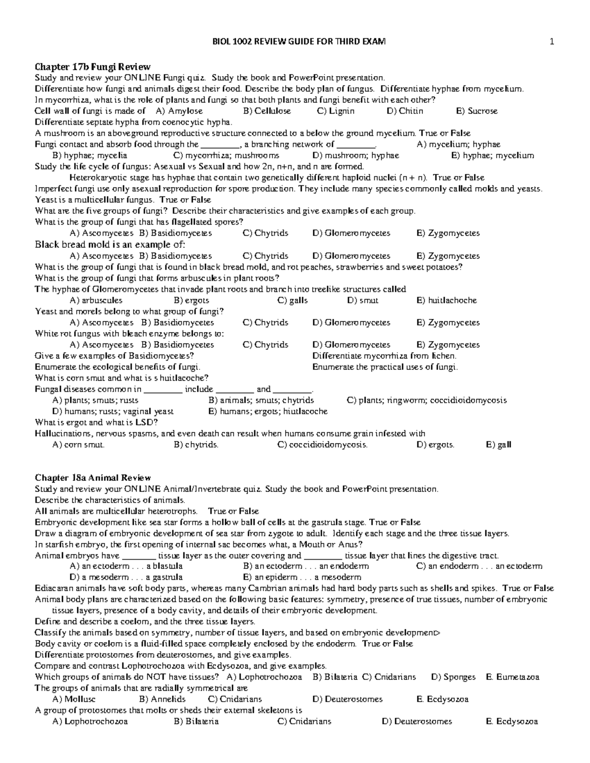 BIOL 1002 Final Exam Review Guide: Fungi & Invertebrates Insights ...