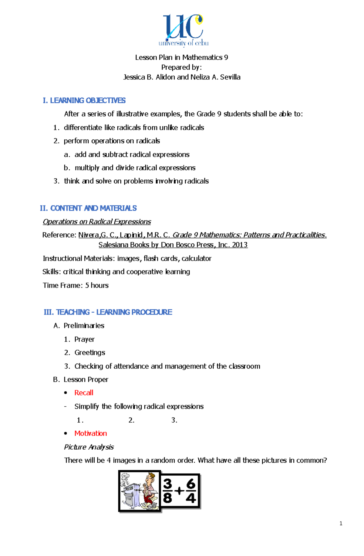 Grade 9 Mathematics Lesson Plan: Operations on Radicals Finals - Studocu