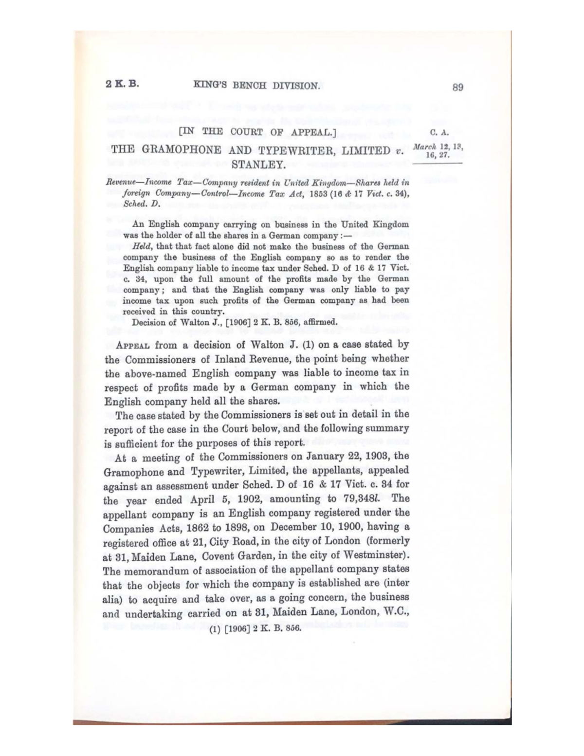 The Gramophone and Typewriter, Limited v. Stanley: Income Tax Appeal ...