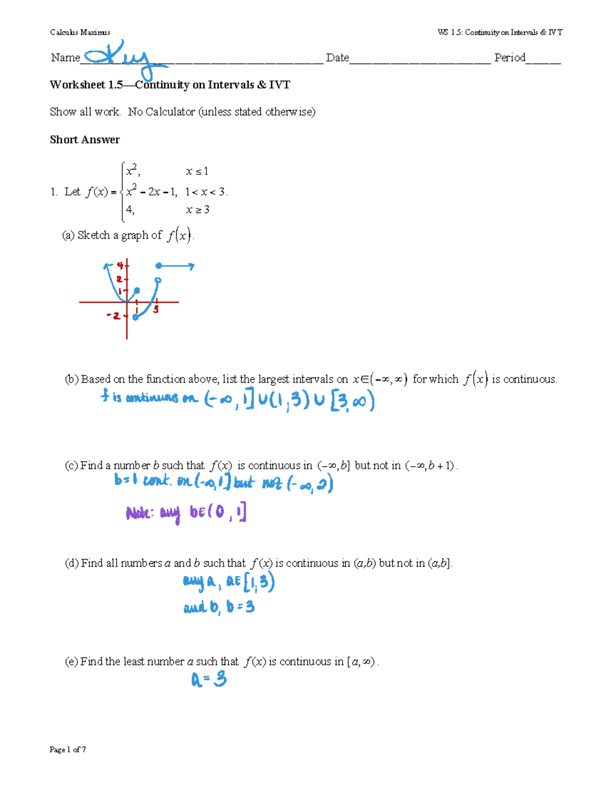 Calculus Maximus WS 01.5: Continuity on Intervals IVT Key - Studocu
