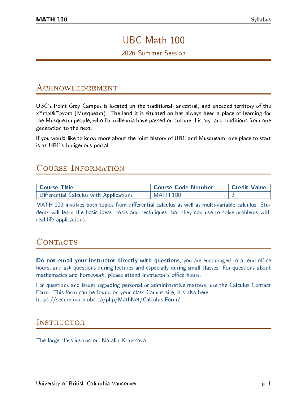MATH 100 Syllabus - Differential Calculus Summer 2026 UBC - Studocu