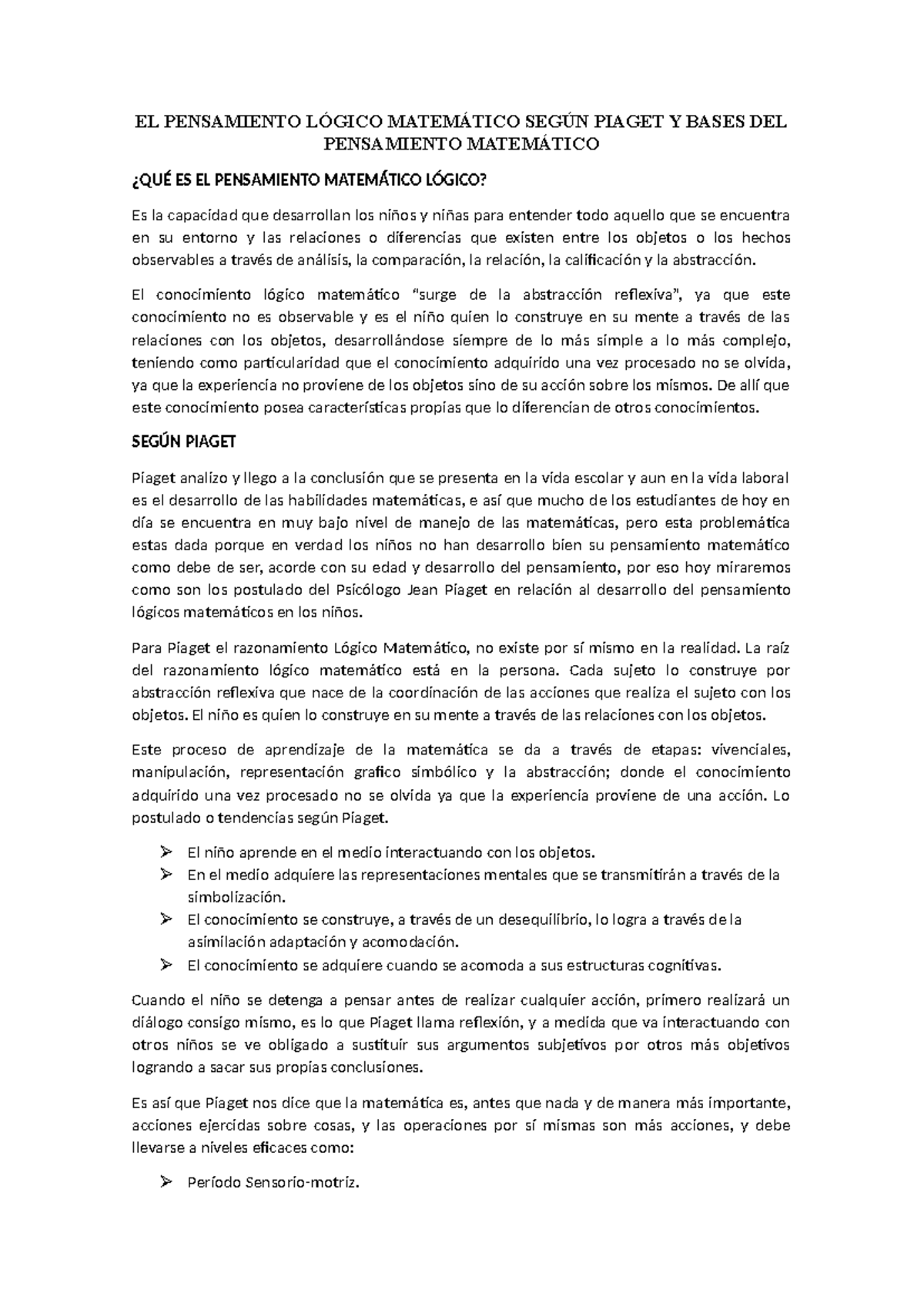 EL PENSAMIENTO LÓGICO MATEMÁTICO EN NIÑOS SEGÚN PIAGET - Studocu
