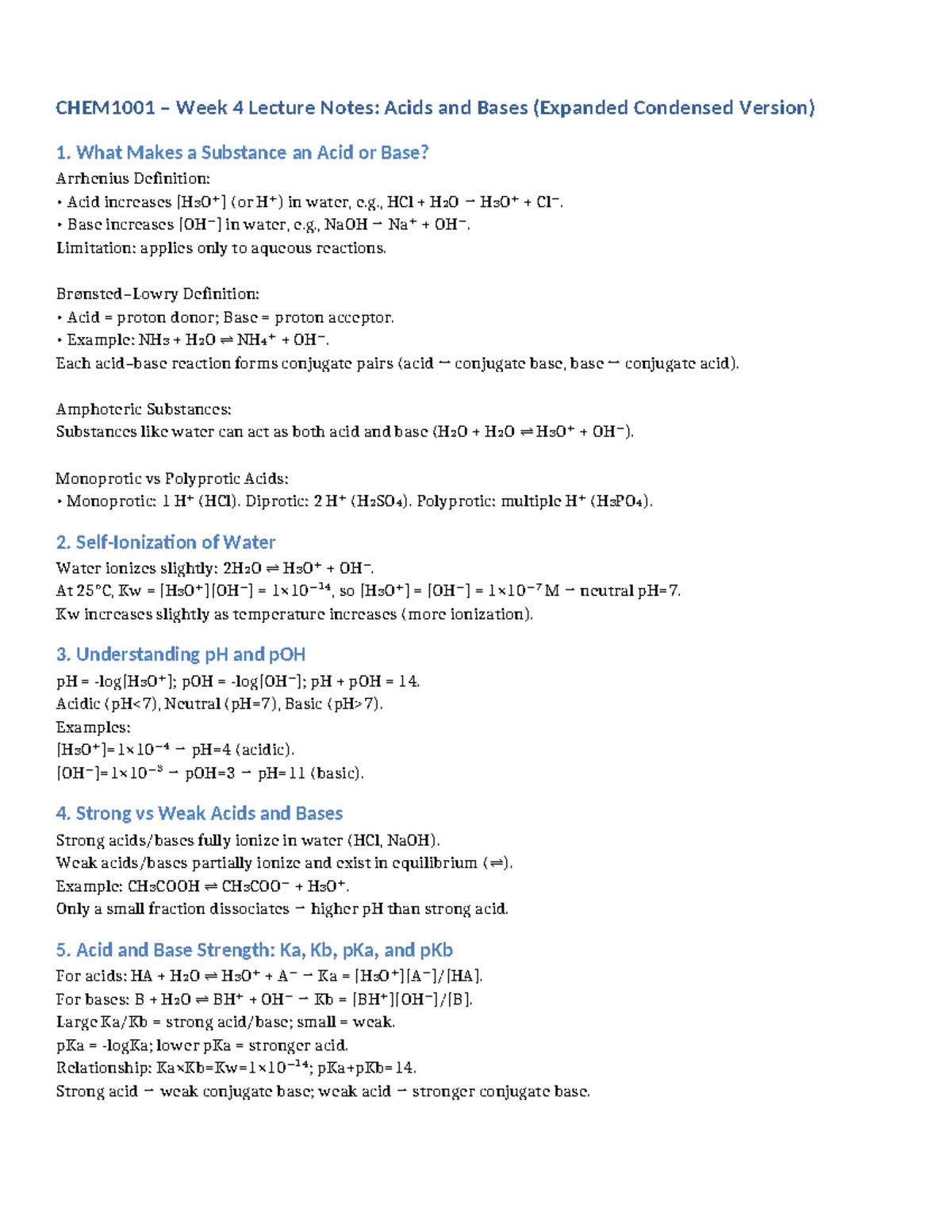 CHEM1001 Week 4 Lecture Notes: Acids and Bases Overview - Studocu